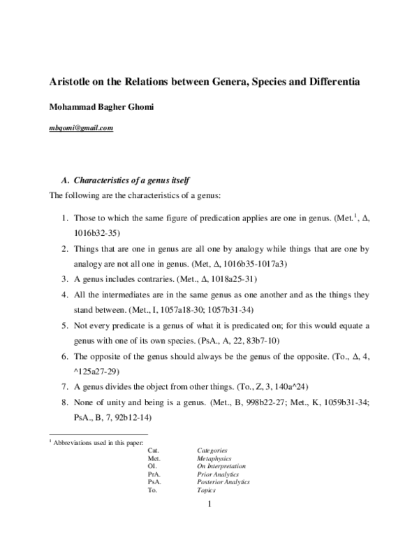 (PDF) Aristotle on the Relations between Genera, Species and Differentia