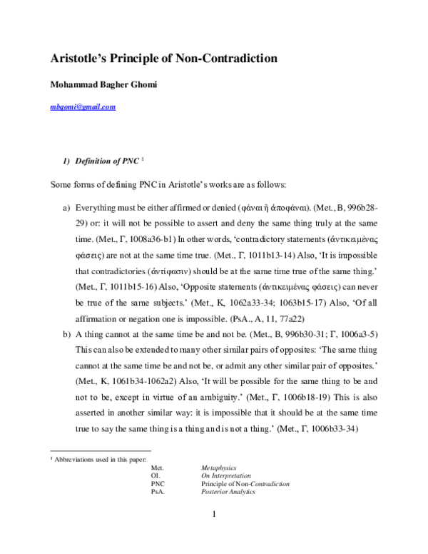 (PDF) Aristotle's Principle of Non-Contradiction