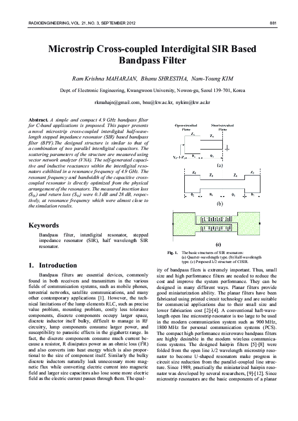 (PDF) Microstrip Cross-coupled Interdigital SIR Based Bandpass Filter