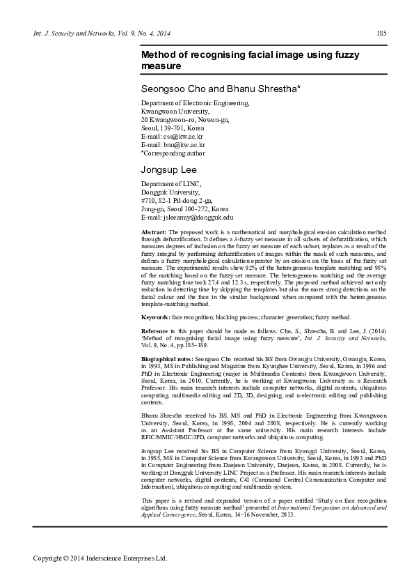 Pdf Method Of Recognising Facial Image Using Fuzzy Measure