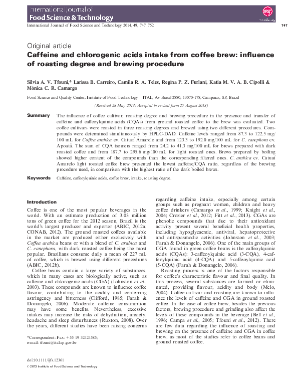 (PDF) Caffeine and chlorogenic acids intake from coffee brew: influence ...