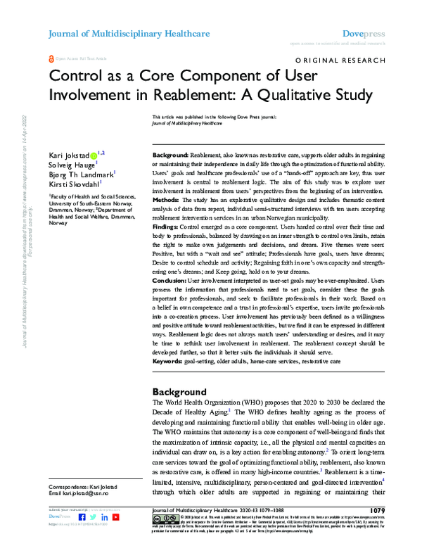 (PDF) Control as a Core Component of User Involvement in Reablement: A ...