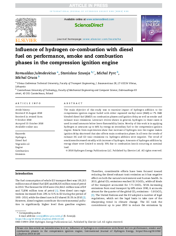 (PDF) Influence of hydrogen co-combustion with diesel fuel on ...