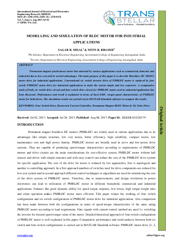 Pdf Modelling And Simulation Of Bldc Motor For Industrial Applications Sagar Misal