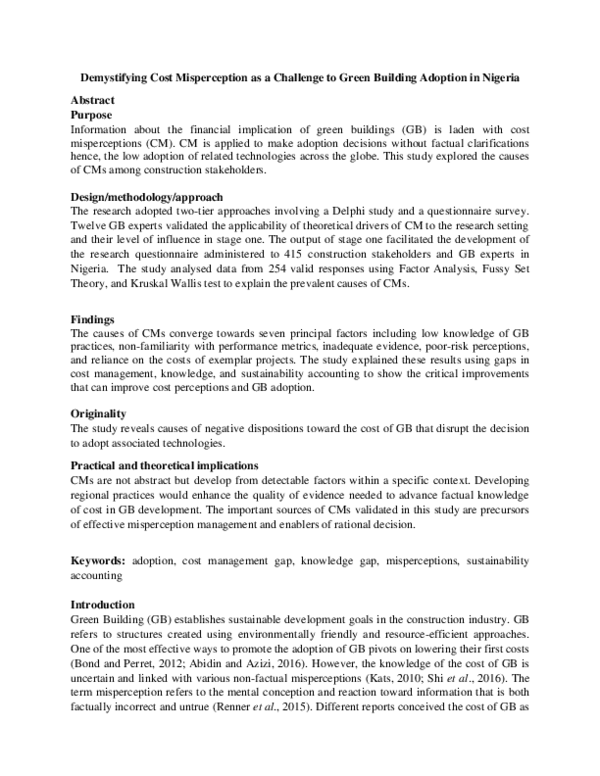 (PDF) Demystifying cost misperception as a challenge to green building ...