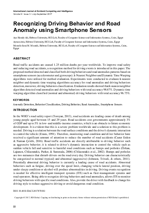 Pdf Recognizing Driving Behavior And Road Anomaly Using Smartphone Sensors
