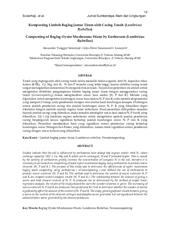 (PDF) Komposting Limbah Baglog Jamur Tiram oleh Cacing Tanah (Lumbricus ...