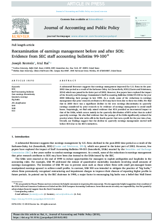 (PDF) Reexamination of earnings management before and after SOX ...