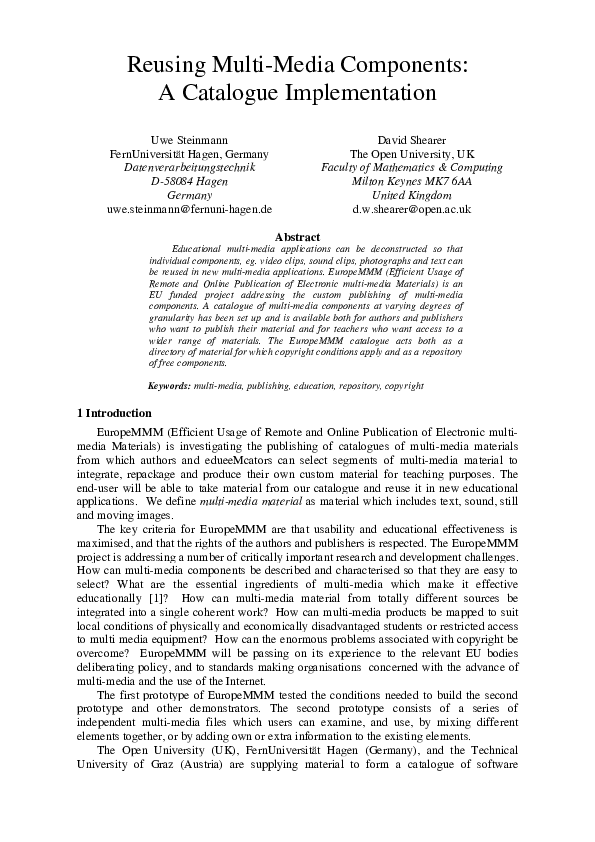 (PDF) Reusing multi-media components: a catalogue implementation | David Shearer - Academia.edu