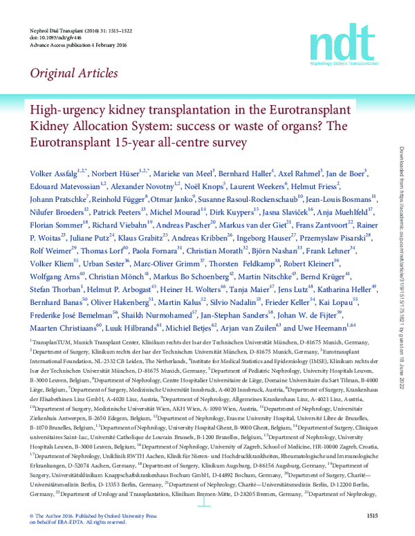(PDF) High-urgency kidney transplantation in the Eurotransplant Kidney ...