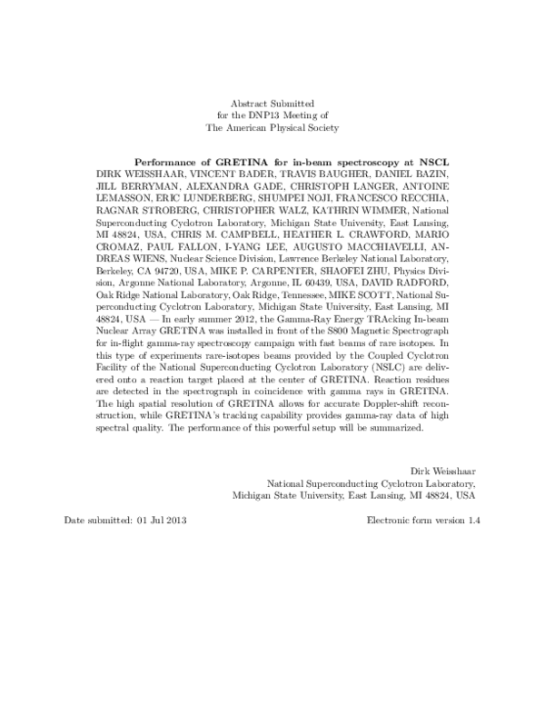 (PDF) Performance of GRETINA for in-beam spectroscopy at NSCL