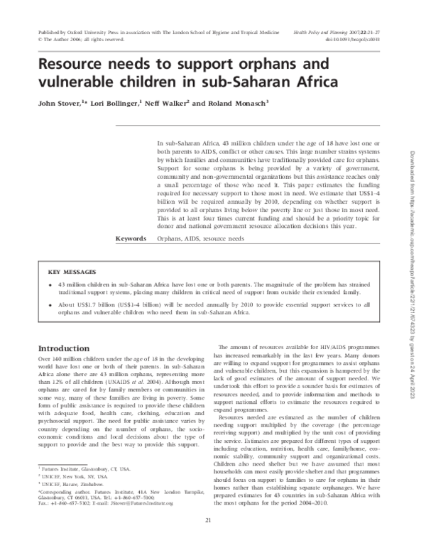 (PDF) Resource needs to support orphans and vulnerable children in sub ...