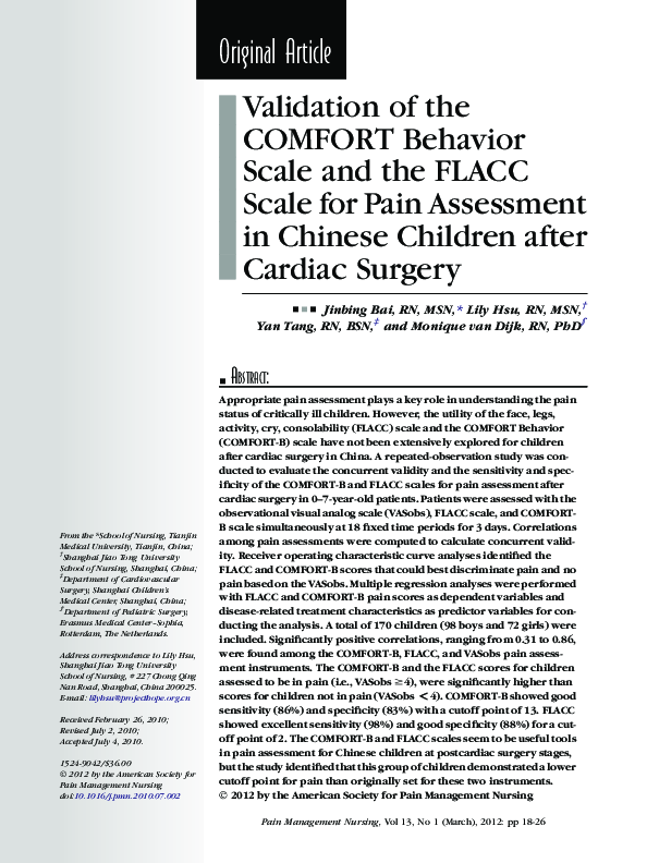 (PDF) Validation of the COMFORT Behavior Scale and the FLACC Scale for ...