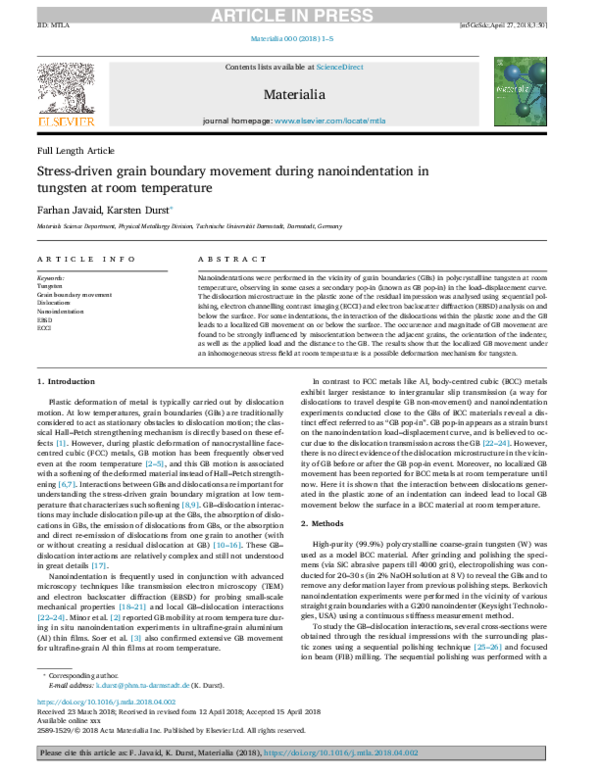 (PDF) Stress-driven grain boundary movement during nanoindentation in tungsten at room temperature