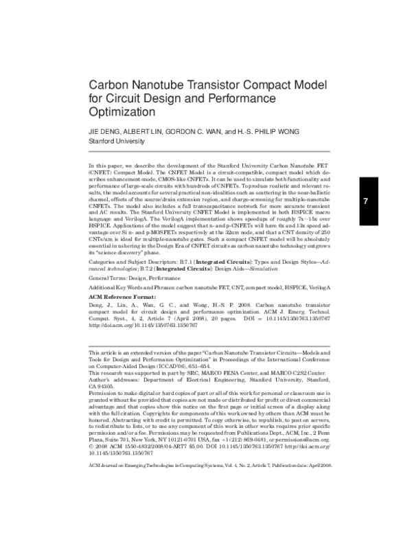 (PDF) Carbon nanotube transistor compact model for circuit design and performance optimization