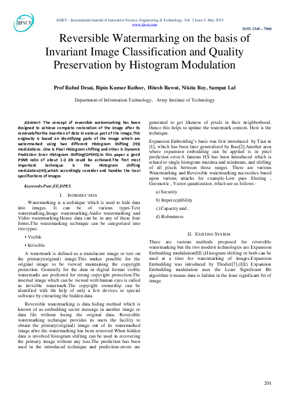 (PDF) Reversible Watermarking on the basis of Invariant Image Classification and Quality ...