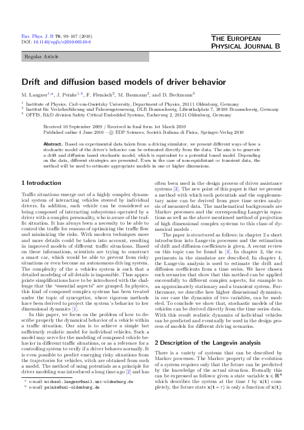 (PDF) Drift and diffusion based models of driver behavior