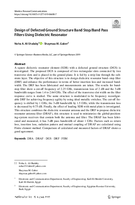 (PDF) Design of Defected Ground Structure Band Stop/Band Pass Filters Using Dielectric Resonator