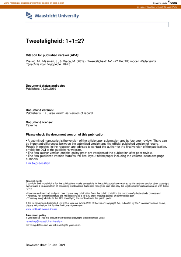 (PDF) Tweetaligheid: 1+1=2? : Het TIC model