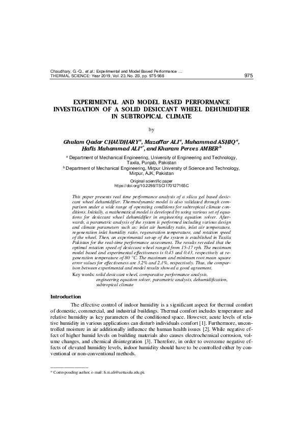 (PDF) Experimental and model based performance investigation of a solid desiccant wheel ...