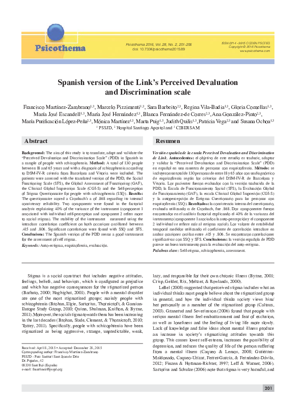 (PDF) Spanish version of the Link's Perceived Devaluation and Discrimination scale