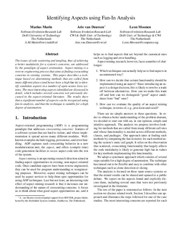 Identifying aspects using fan-in analysis