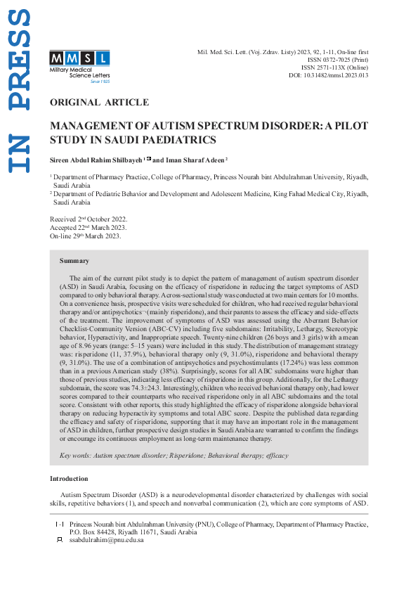 (PDF) Management of Autism Spectrum Disorder: A Pilot Study in Saudi ...
