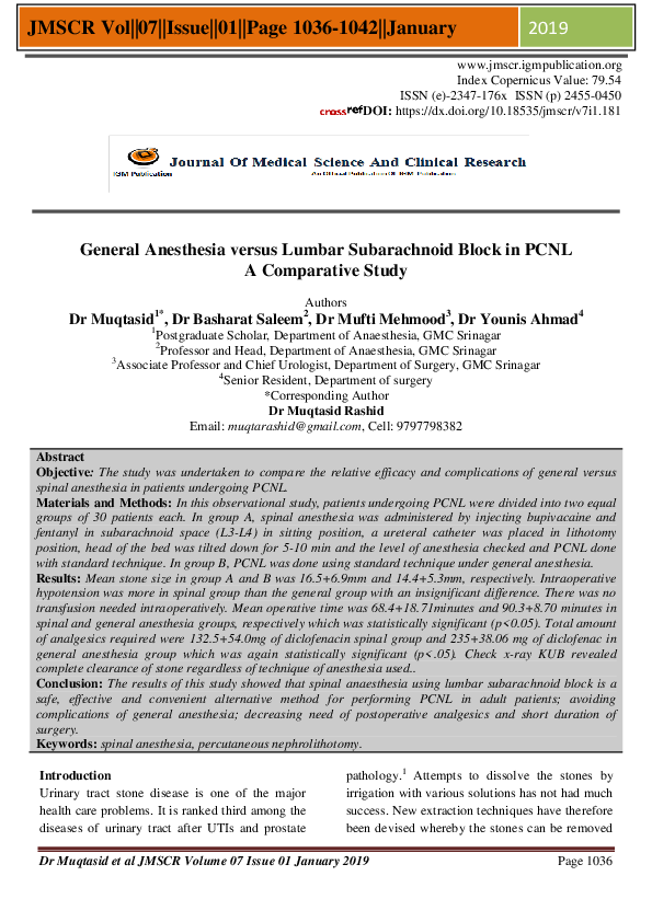 (PDF) General Anesthesia versus Lumbar Subarachnoid Block in PCNL A ...
