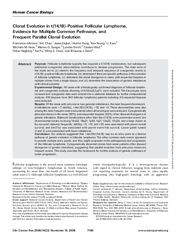 (PDF) Clonal Evolution in t(14;18)-Positive Follicular Lymphoma, Evidence for Multiple Common ...