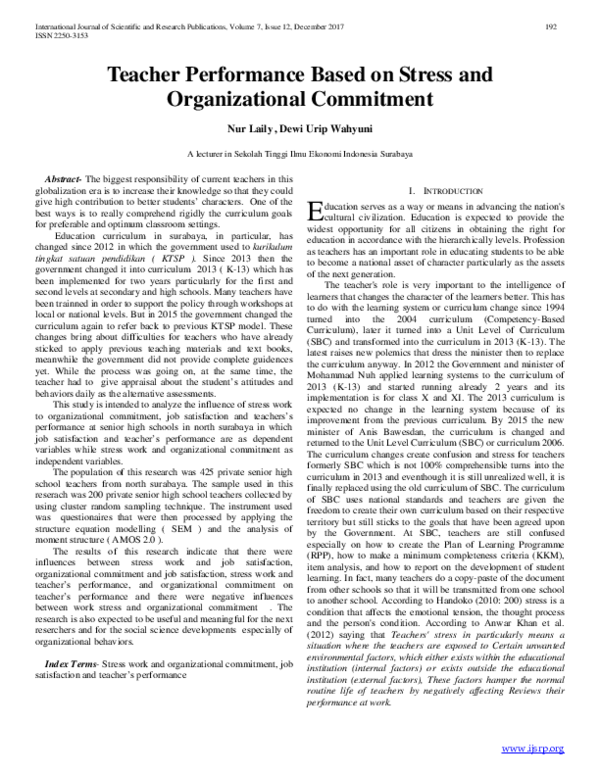 (PDF) Teacher Performance Based on Stress and Organizational Commitment (PDF) Teacher Performance Based on Stress and Organizational Commitment