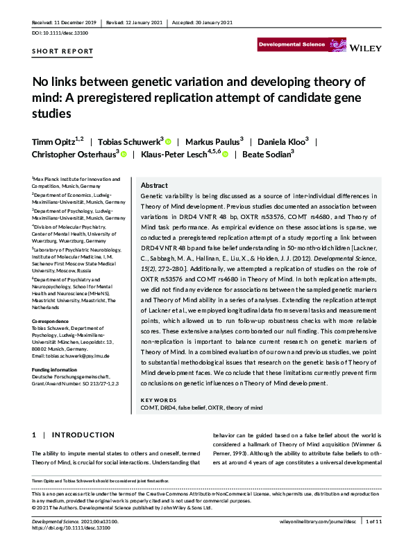 (PDF) No links between genetic variation and developing theory of mind ...