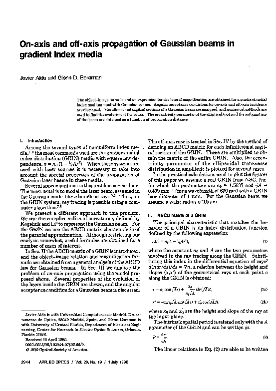 Pdf On Axis And Off Axis Propagation Of Gaussian Beams In Gradient Index Media