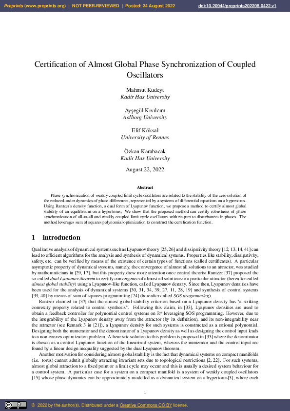 Pdf Certification Of Almost Global Phase Synchronization Of Coupled Oscillators