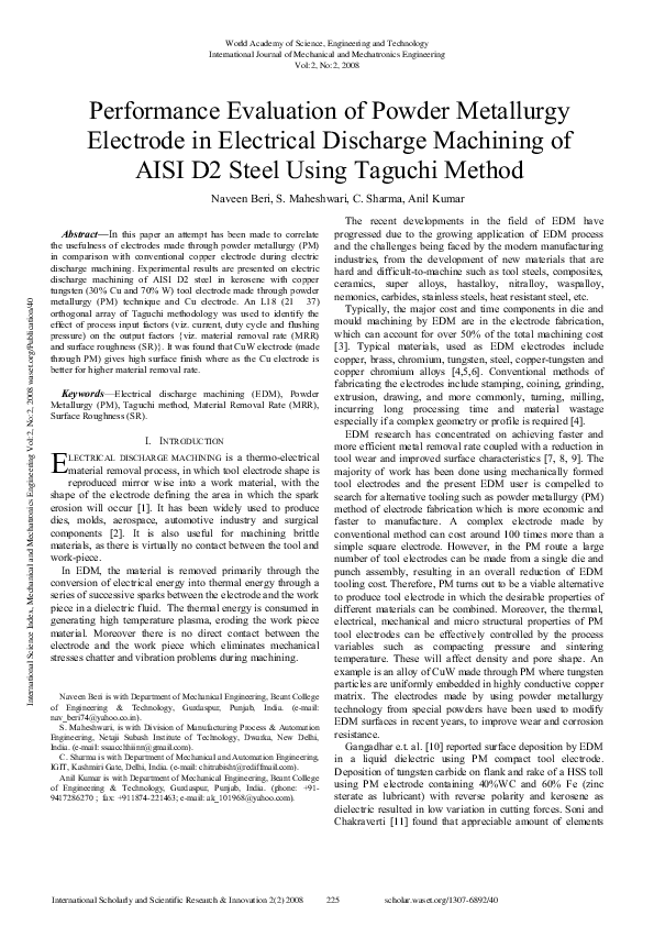 (PDF) Performance Evaluation Of Powder Metallurgy Electrode In ...