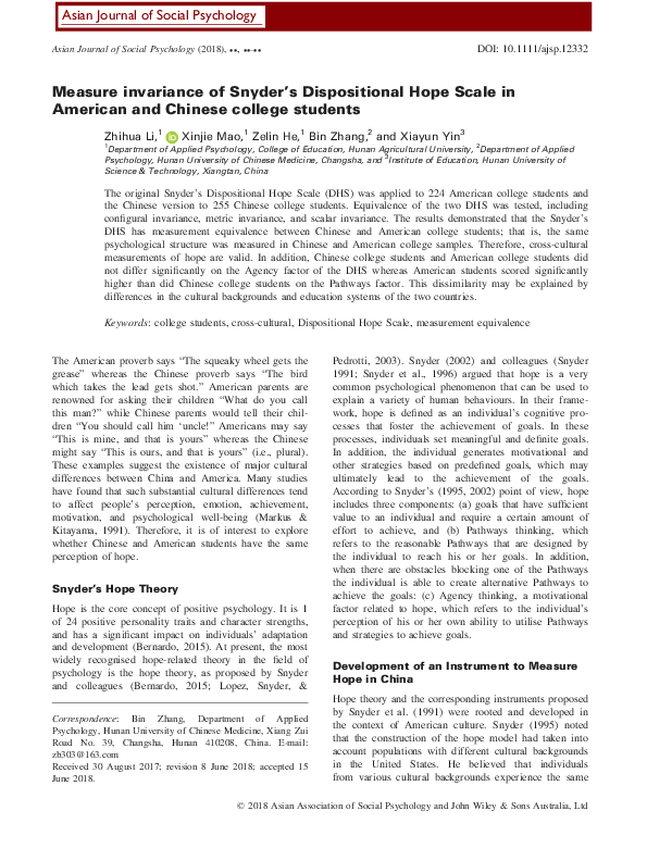 (PDF) Measure invariance of Snyder's Dispositional Hope Scale in ...