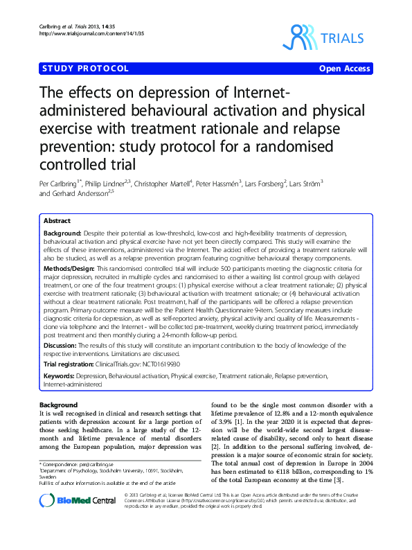(PDF) The effects on depression of Internet-administered behavioural activation and physical ...