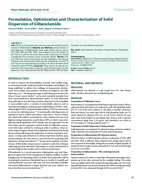 Pdf Formulation Optimization And Characterization Of Solid Dispersion Of Glibenclamide