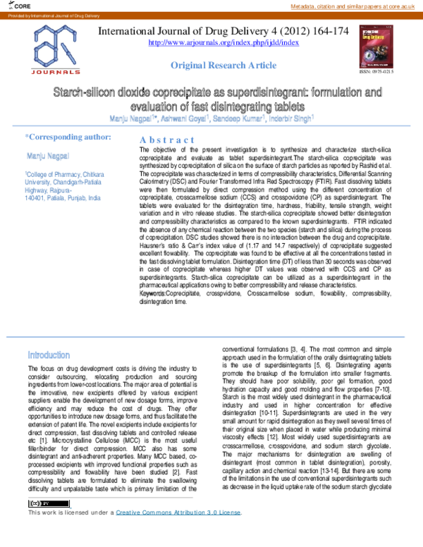 Pdf Starch Silicon Dioxide Coprecipitate As Superdisintegrant Formulation And Evaluation Of