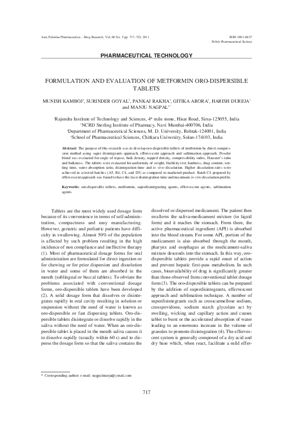 Pdf Formulation And Evaluation Of Metformin Oro Dispersible Tablets