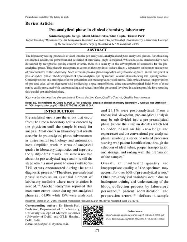 (PDF) Pre-analytical phase in clinical chemistry laboratory