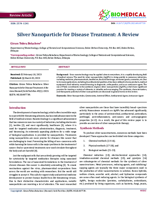 (PDF) Silver Nanoparticle for Disease Treatment: A Review