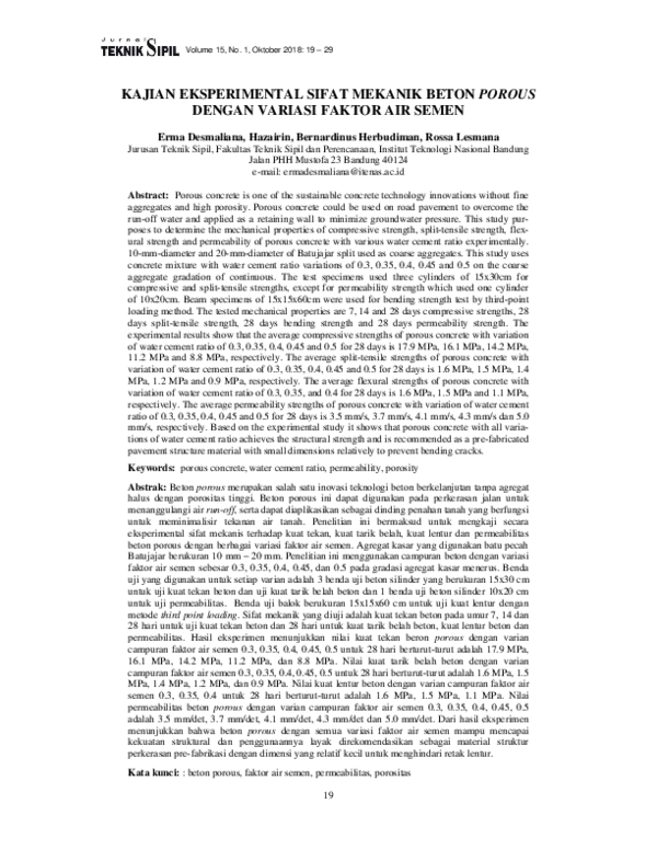 (PDF) Kajian Eksperimental Sifat Mekanik Beton Porous dengan Variasi Faktor Air Semen