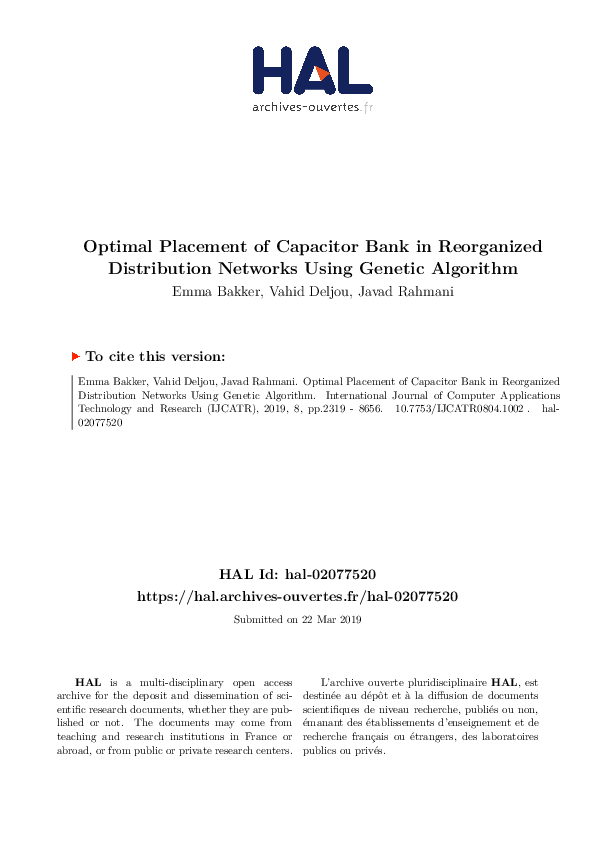 (PDF) Optimal Placement of Capacitor Bank in Reorganized Distribution Networks Using Genetic ...