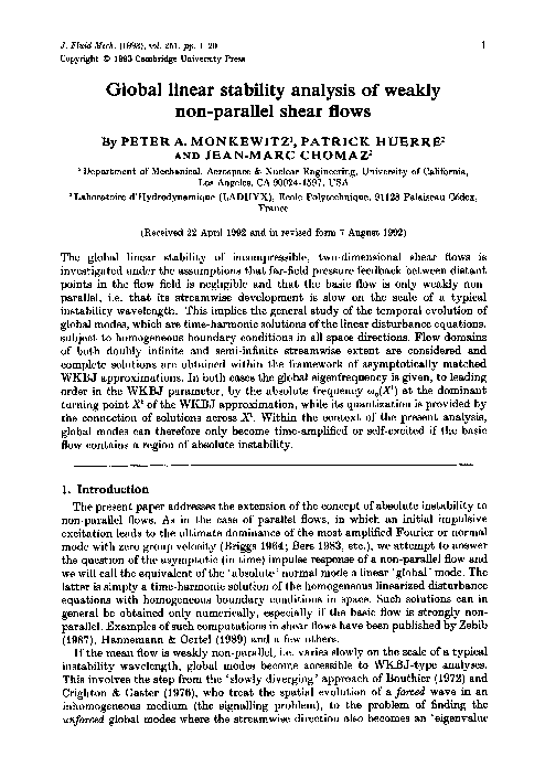 (PDF) Global linear stability analysis of weakly non-parallel shear flows