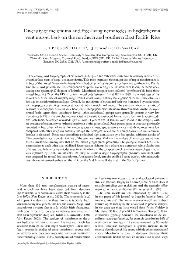 (PDF) Diversity of meiofauna and free-living nematodes in hydrothermal ...