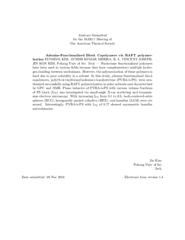 Pdf Adenine Functionalized Block Copolymers Via Raft Polymerization