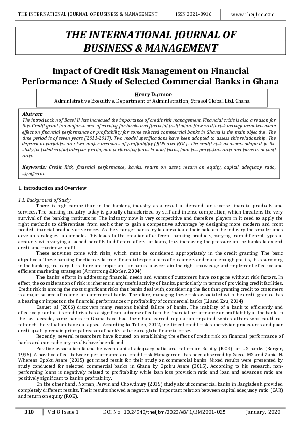 (PDF) Impact of Credit Risk Management on Financial Performance: A Study of Selected Commercial ...