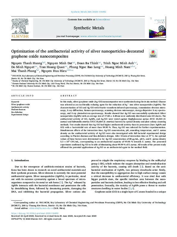 Pdf Optimization Of The Antibacterial Activity Of Silver Nanoparticles Decorated Graphene