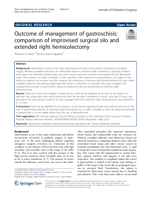(PDF) Outcome of management of gastroschisis: comparison of improvised ...
