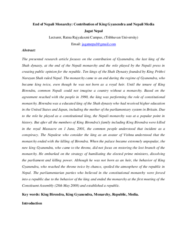 (PDF) End of Nepali Monarchy: Contribution of King Gyanendra and Nepali ...